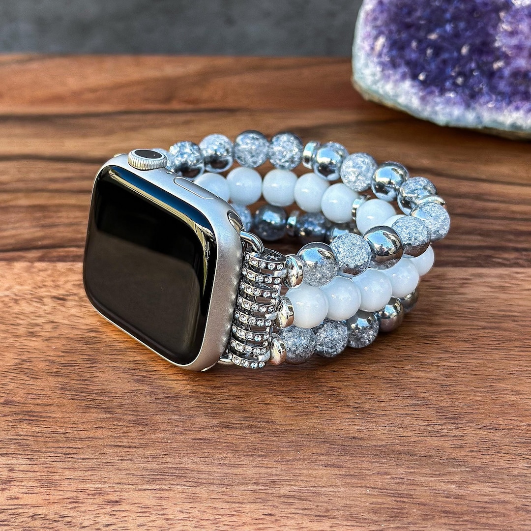 Apple Watch Beaded Band With Silver Snow Cracked Crystal and White Onyx ...