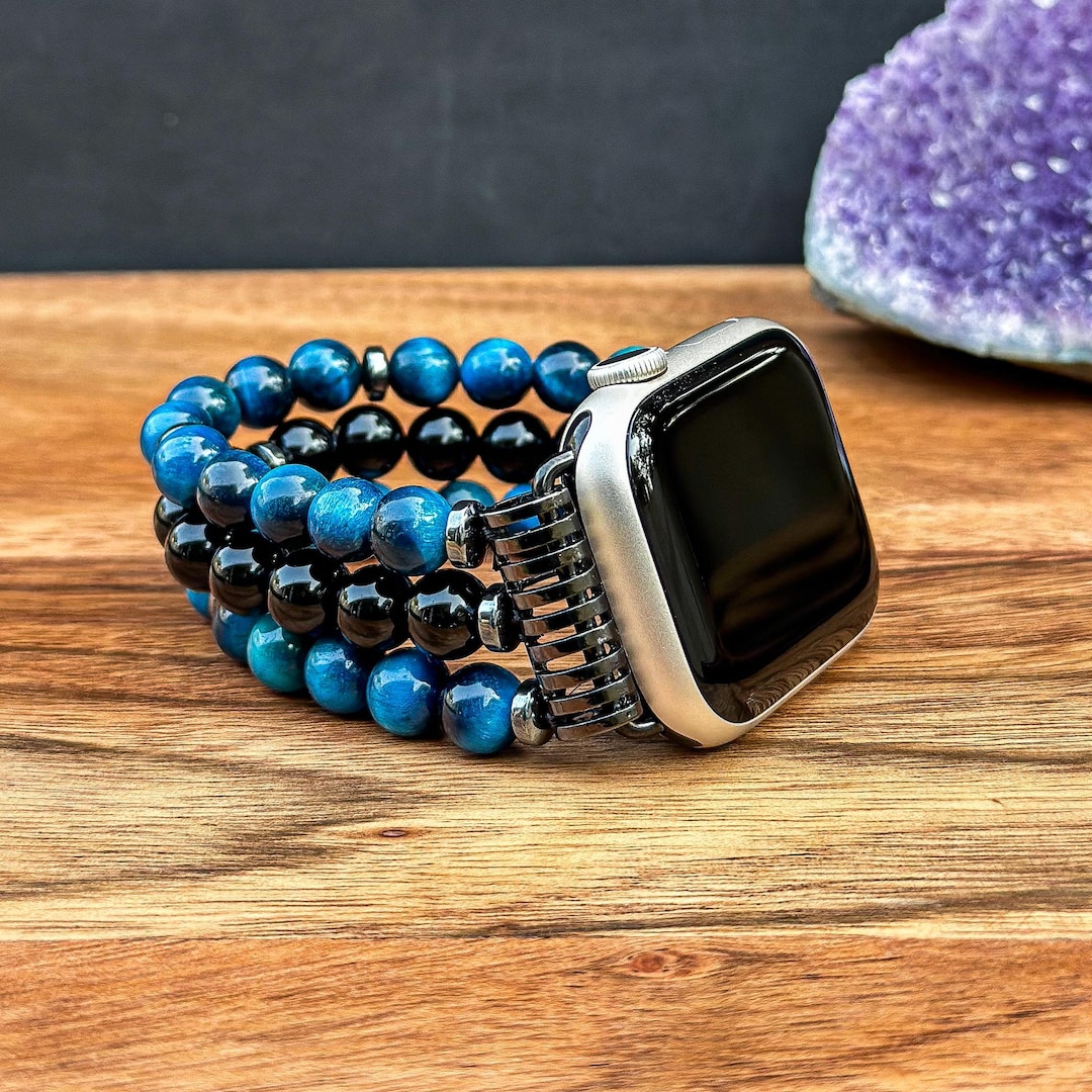 Apple Watch Beaded Watch Strap With Blue Tiger Eye and Black Onyx ...