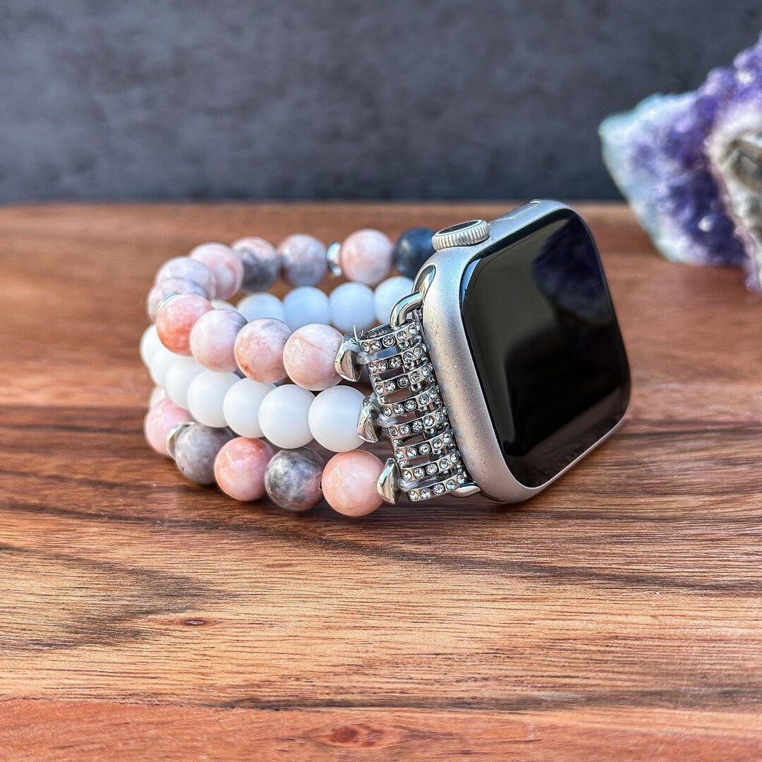 Apple Watch Beaded Watch Strap With Natural Pink Zebra and White Onyx ...