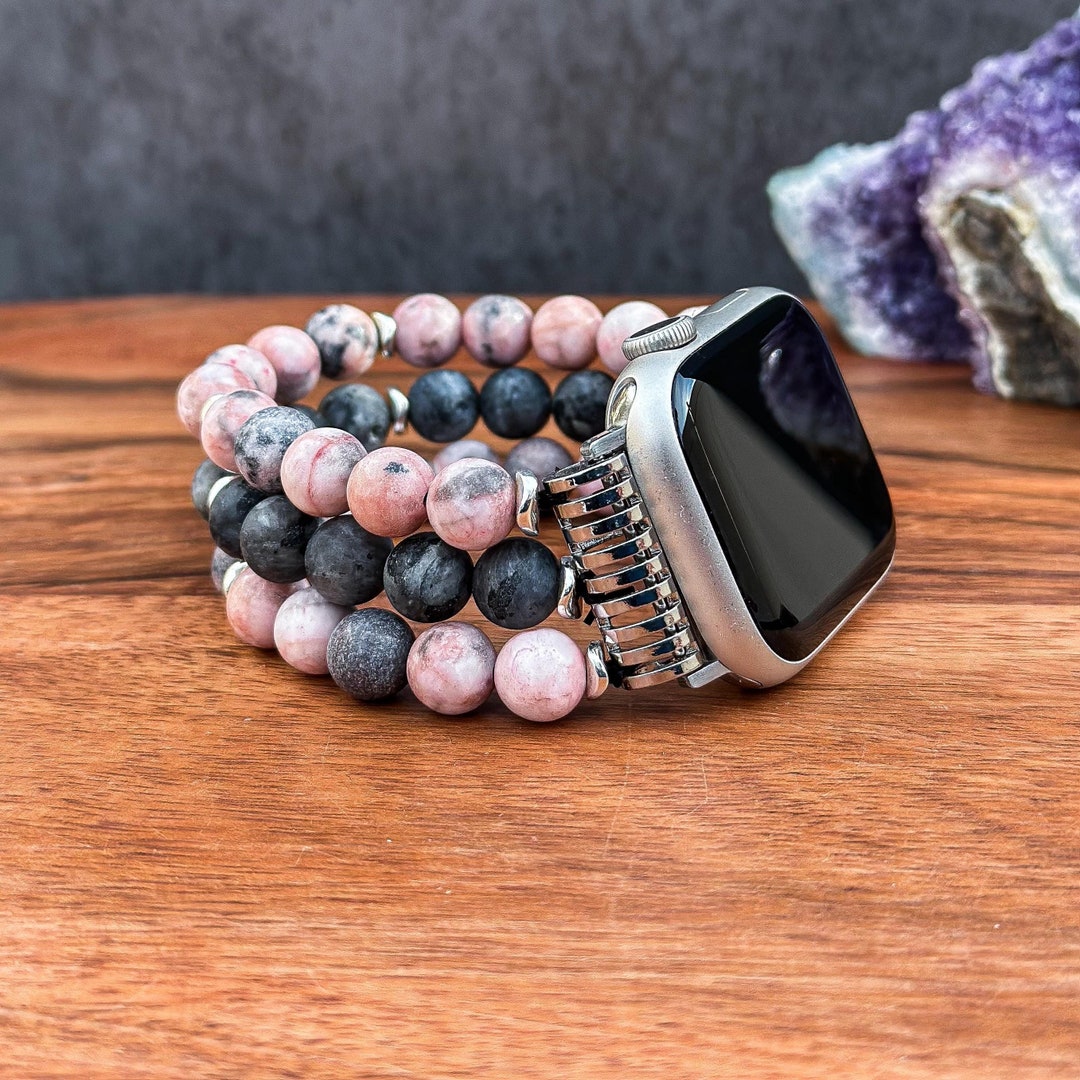 Apple Watch Beaded Watch Strap With Natural Pink Zebra and Black ...