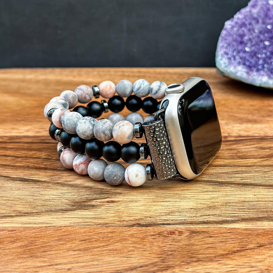 Apple Watch Beaded Watch Strap With Natural Pink Zebra and Matte Black ...