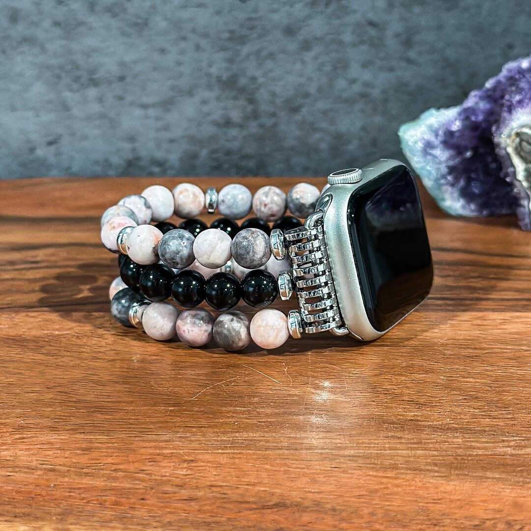 Apple Watch Beaded Watch Strap With Natural Pink Zebra and Black Onyx ...