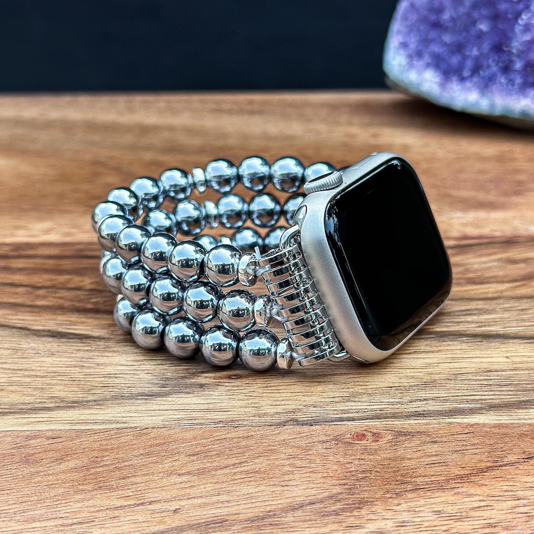 Apple Watch Beaded Watch Strap With Silver Hematite Gemstone Handmade ...