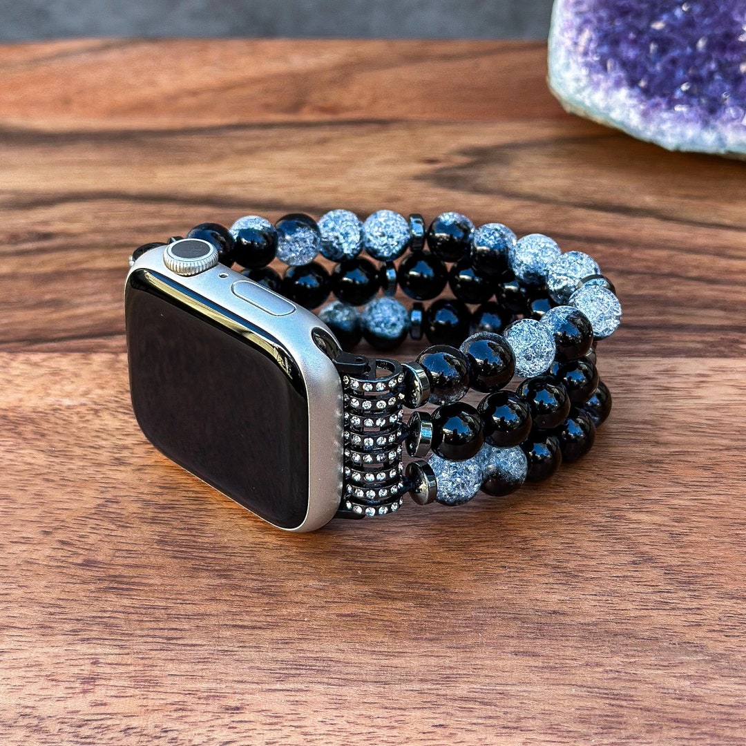 Apple Watch Beaded Band With Black Snow Cracked Crystal and Black Onyx ...