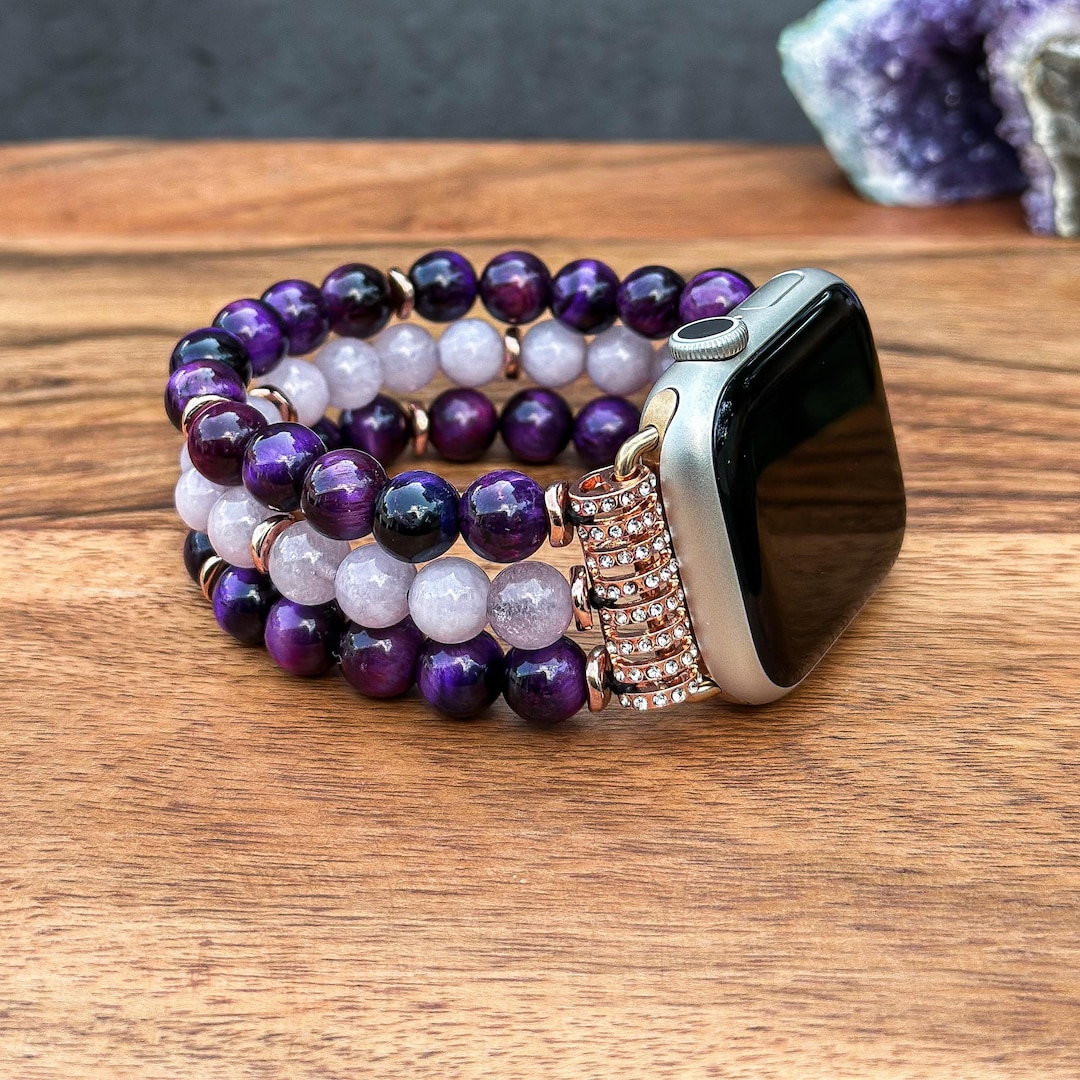 Beaded Apple Watch Band With Purple Tiger Eye and Angelite Gemstone ...