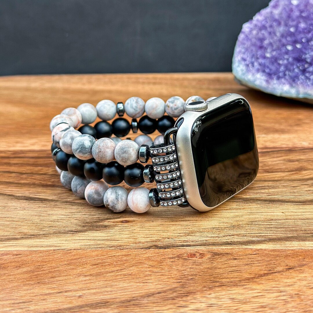 Natural Stone Apple Watch Band With Pink Zebra and Matte Black Onyx ...