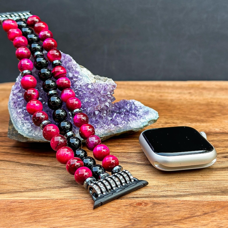 Boho Red Tiger Eye Apple Watch Band & Black Onyx Gemstone Bracelet ...
