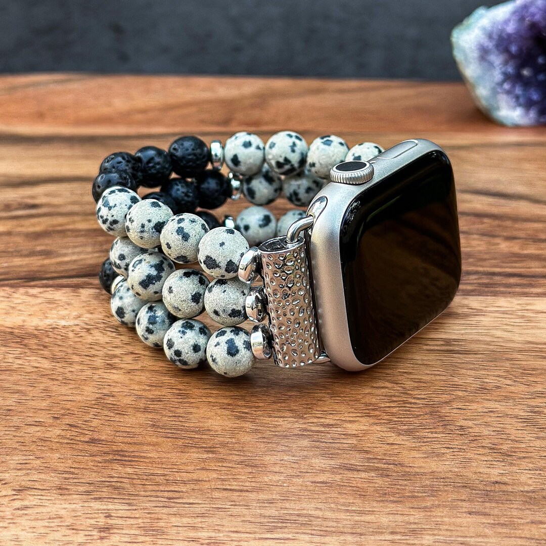 Beaded Apple Watch Band With Dalmatian and Black Volcanic Lava Gemstone ...