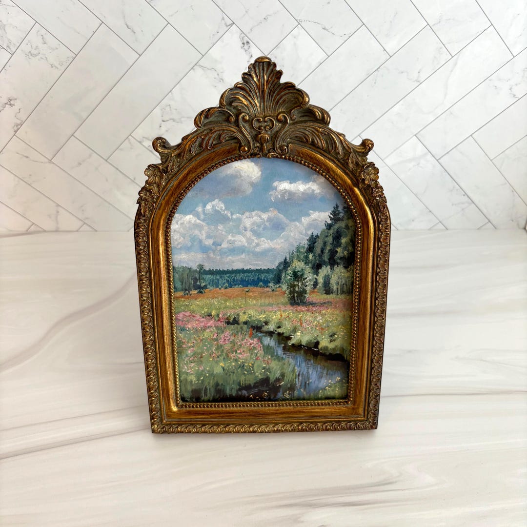 Flower Field Stream Landscape Art Print in Ornate Bronze Gold Arched ...