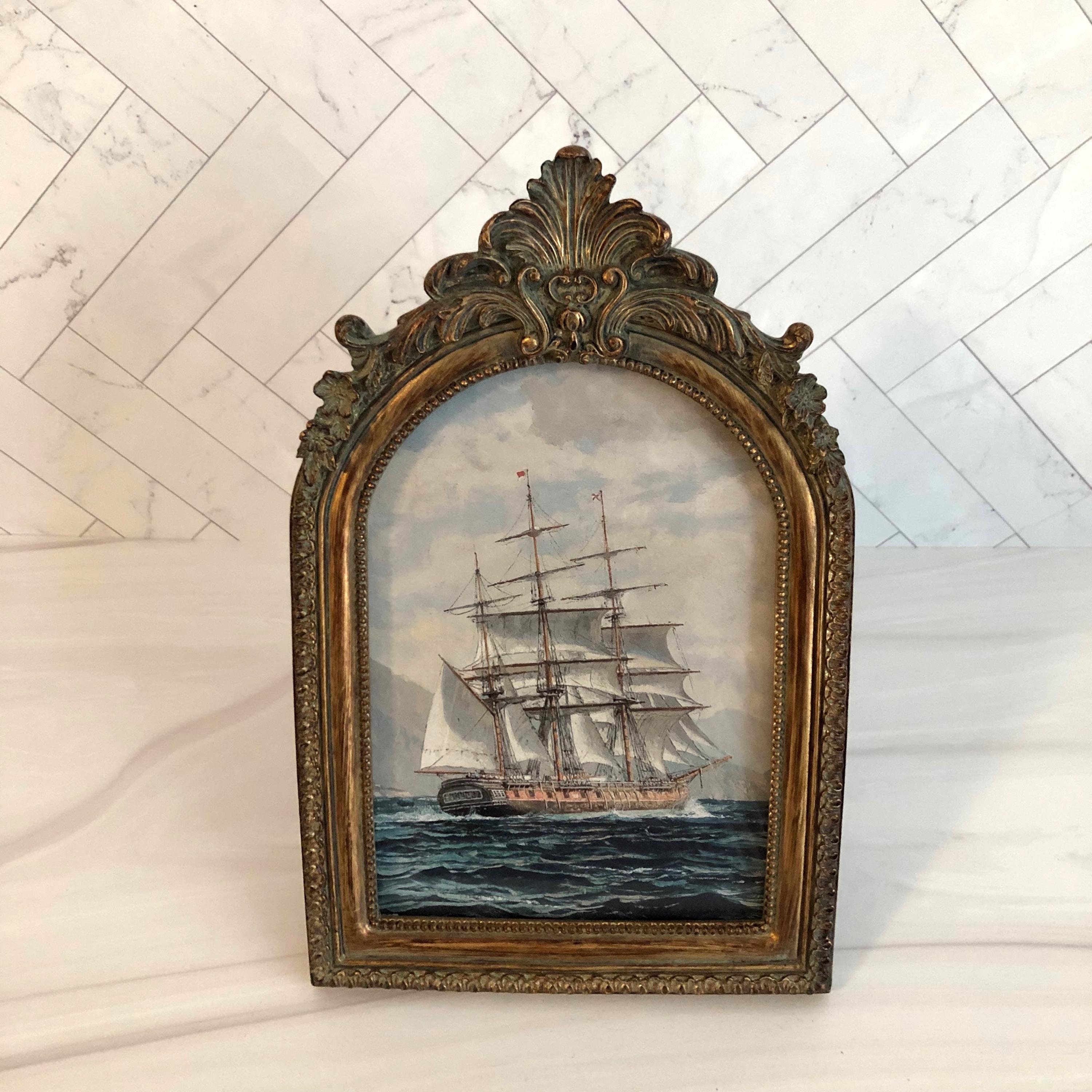 Vintage Sailing Ship Art Print in Baroque Bronze Arch Frame - Etsy