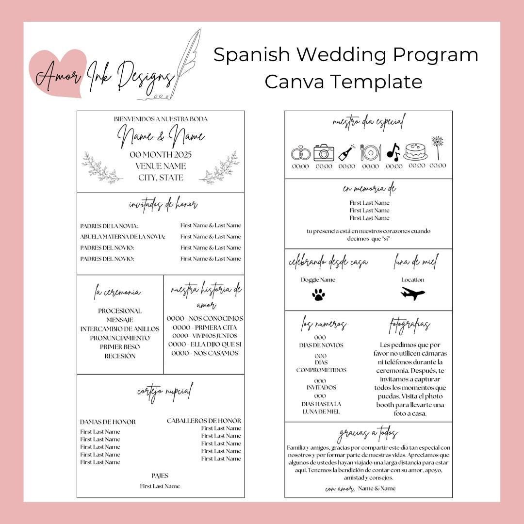 SPANISH Wedding Program Editable Canva Template - Etsy