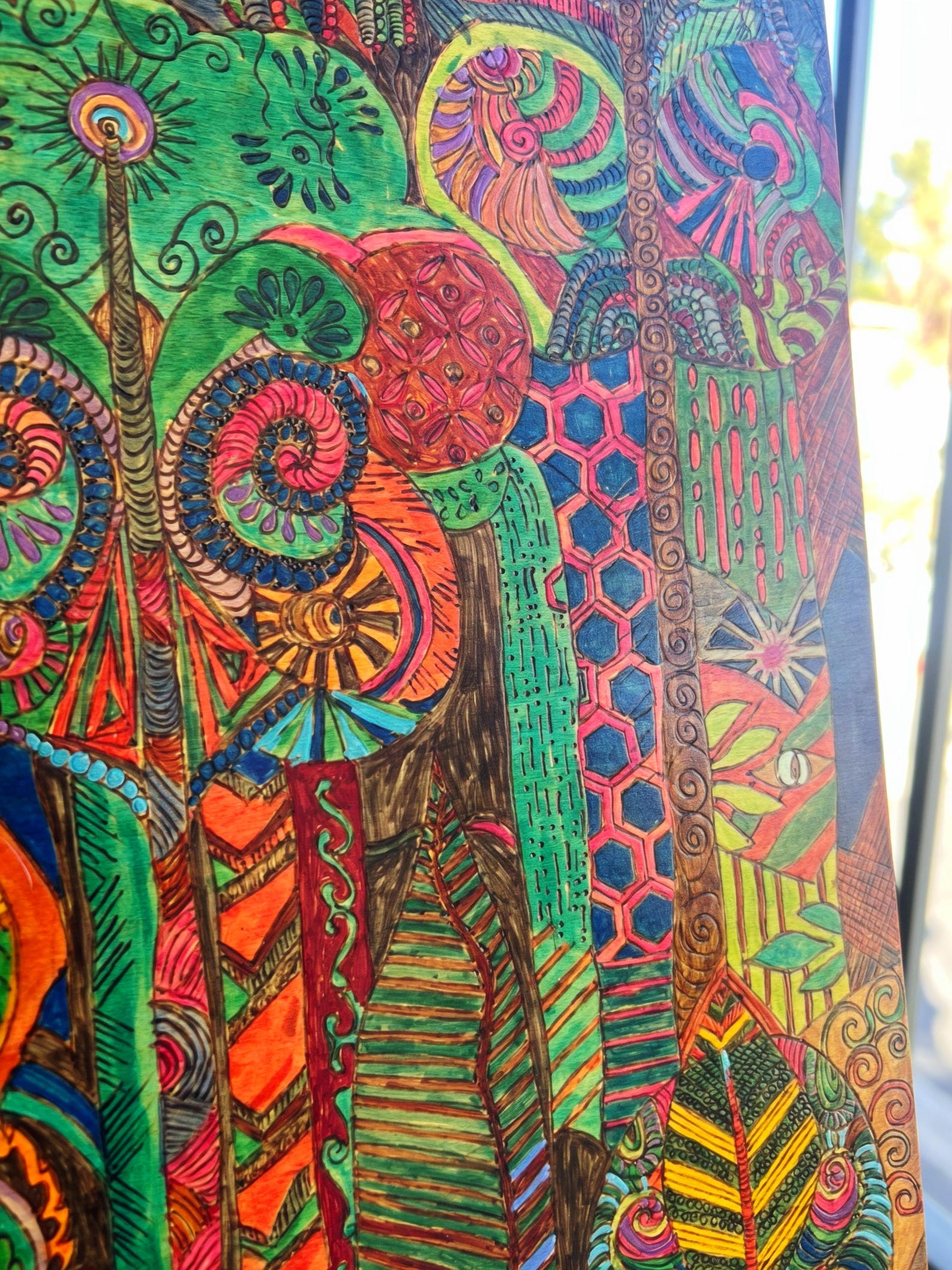 Handburned Zentangle Pyrography Colorful Tree Landscape Large Wall ...