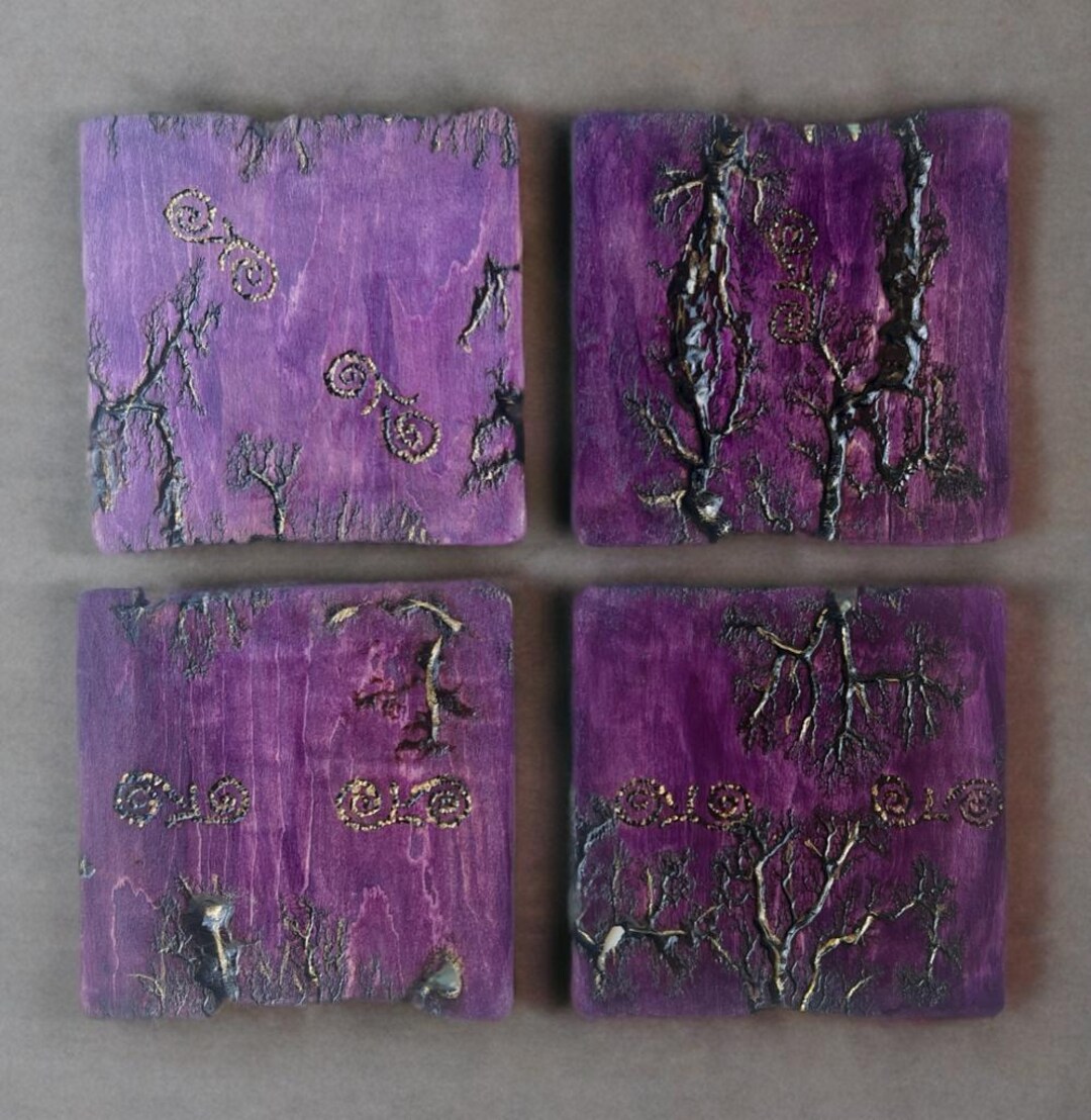 Fractal Burned Pyrography Coaster Set - Artisan Handmade Violet Drink ...