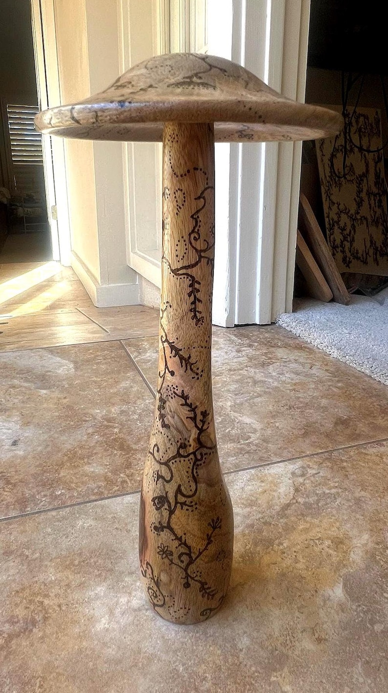 Wood Burned Mushroom Sculpture, Large 13” Handmade Pyrography, Garden ...