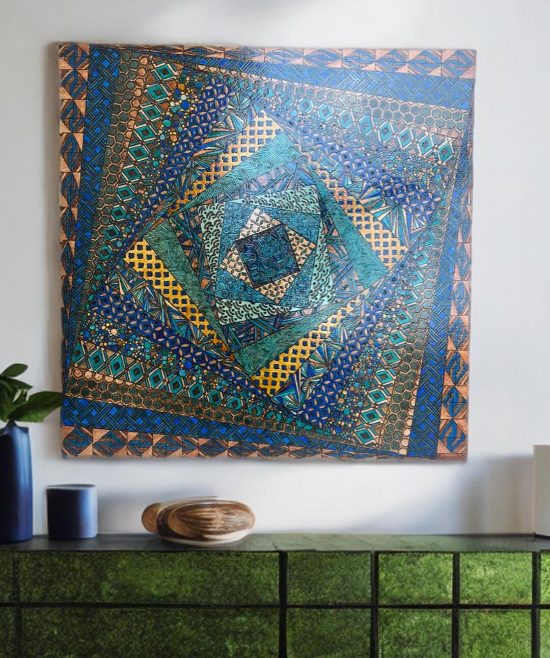 Hand-burned Geometric Wood Wall Tile – 16x16 Abstract Patterned Art ...