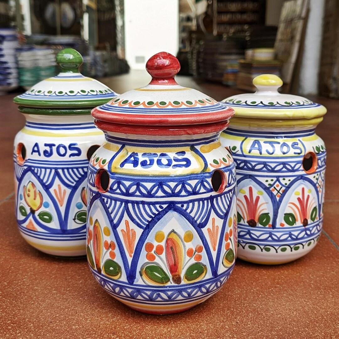 Hand Painted Garlic Pots Garlic Pots Garlic Jar With Lid Spanish Garlic ...
