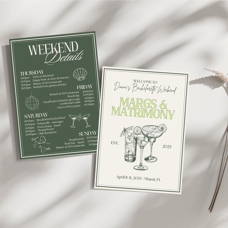 Margs and Matrimony Bachelorette Itinerary Girls Trip Itinerary Canva ...