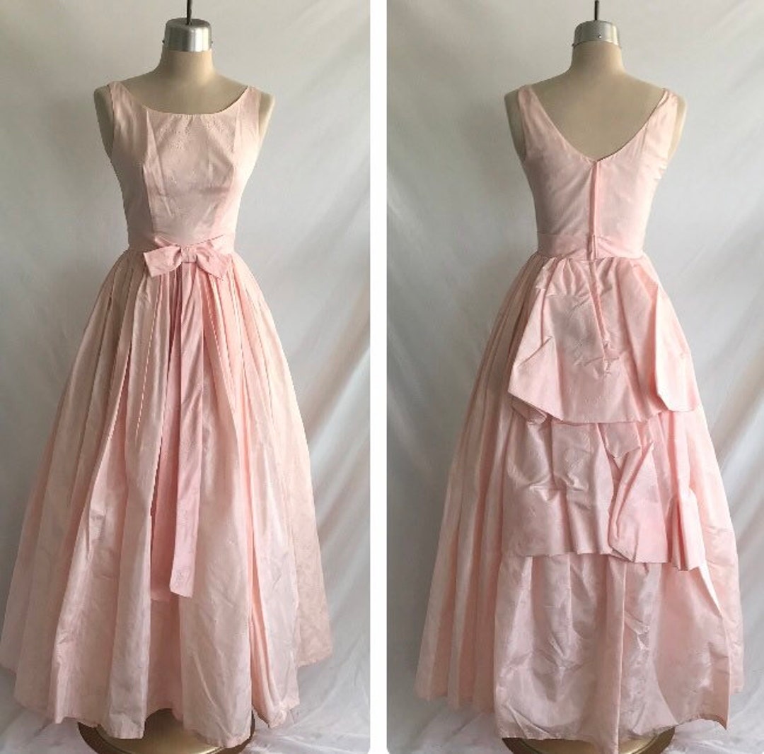 1960s Pale Pink Floral Embossed Prom Dress Full Skirt Formal Dress ...
