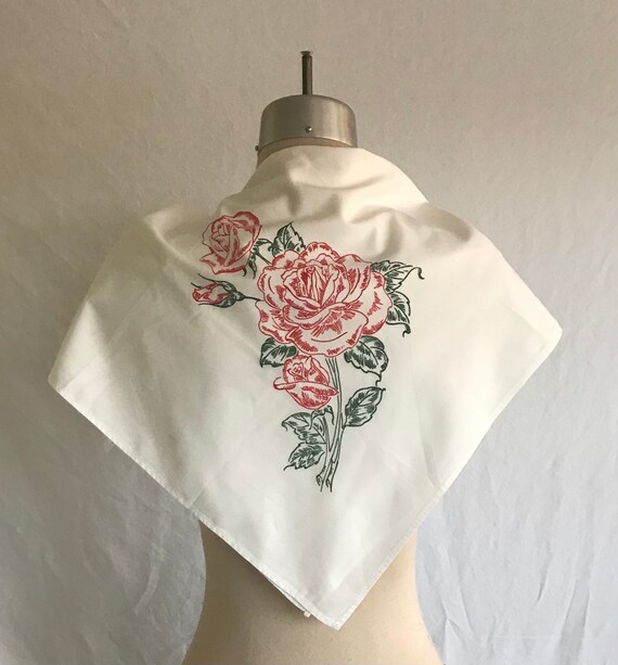1940s Hand Painted Rose Bandana - White Rayon Scarf -… - Gem