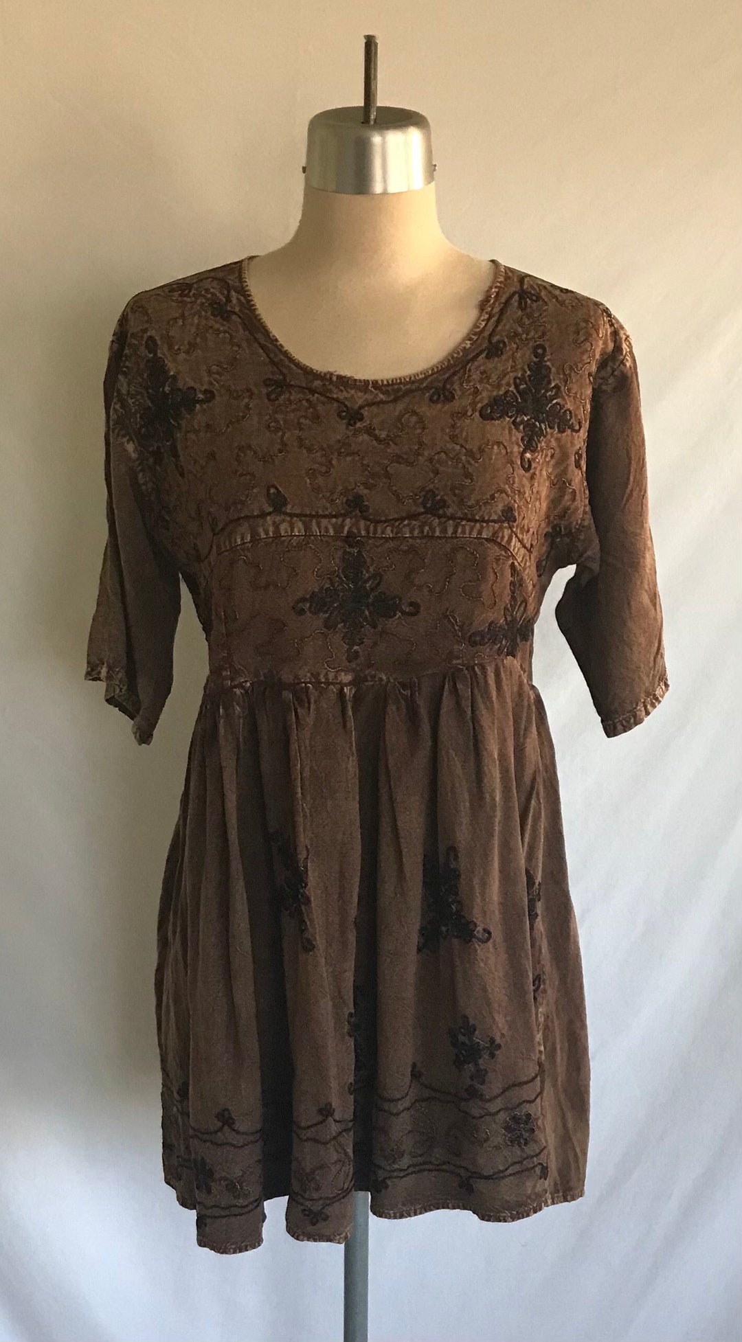 1990s HIPPIE Rayon Embroidered Tunic Top - Mini Dress - Empire Waist ...
