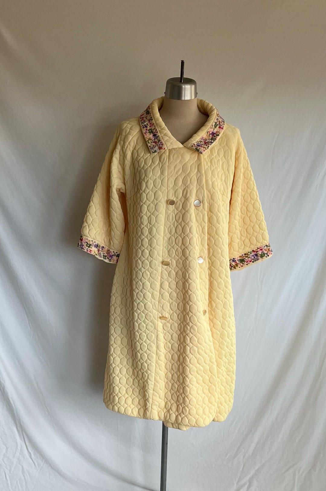1960s Butter Yellow Quilted Robe With Pockets Cross Stitch Embroidered ...