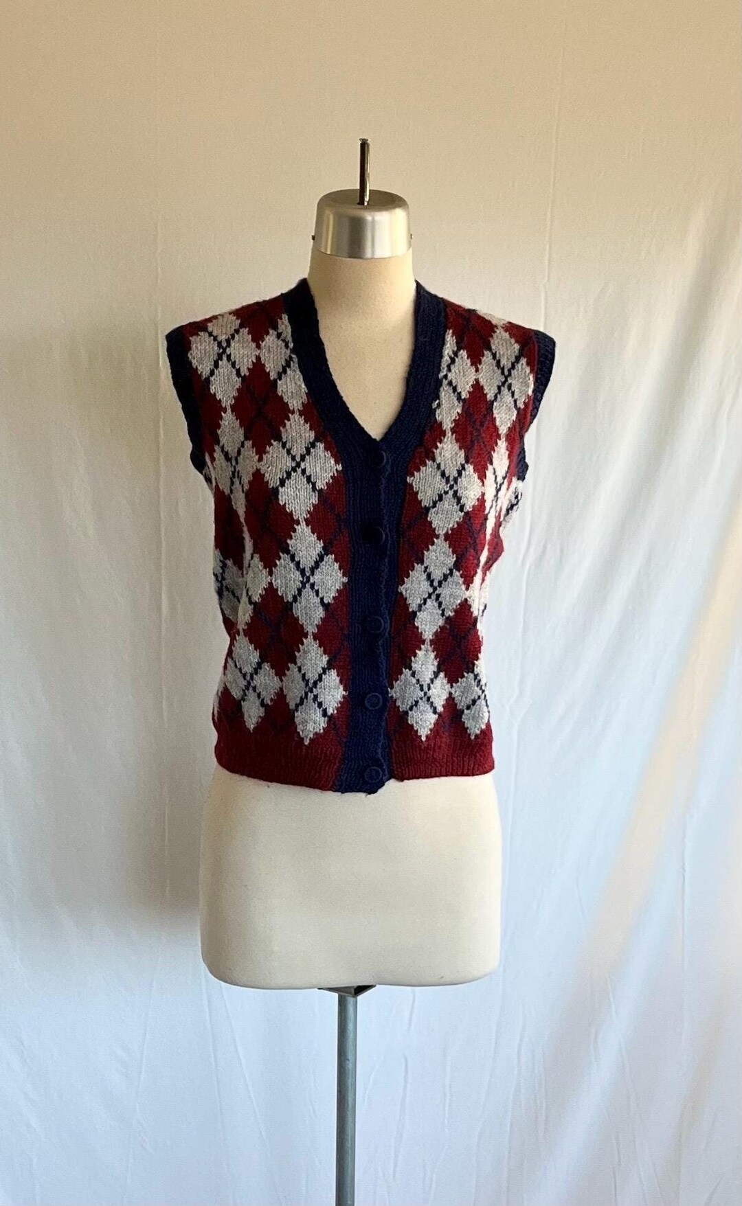 1980s Hand Knitted ARGYLE Waistcoat Vest -V Neck Vest-button Down Front ...
