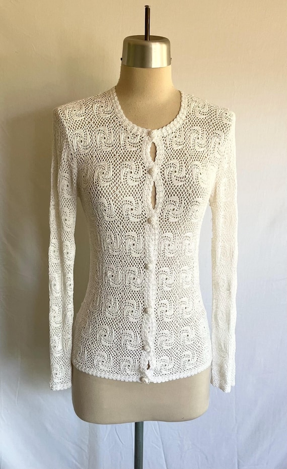 1960s HAND CROCHET Chinese Top - White Crocheted Top … - Gem