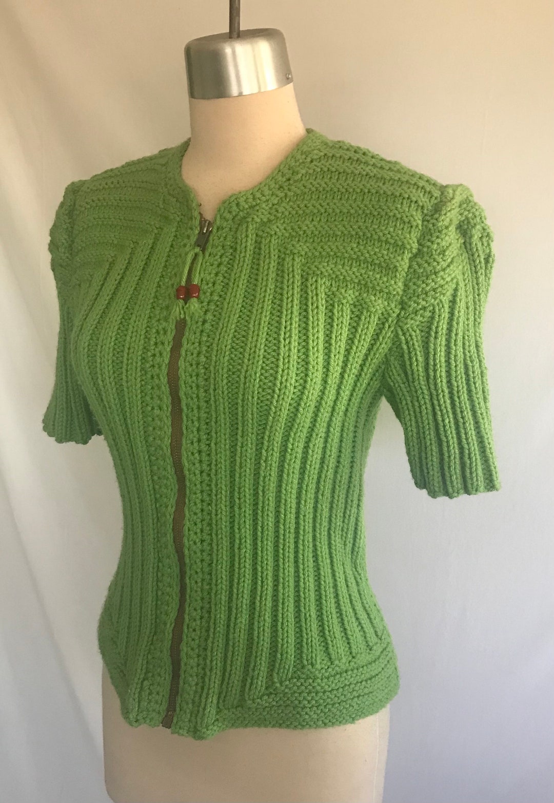 1940s REPRO Lime Green Art Deco Rib Knit Cardigan - Short Sleeve ...