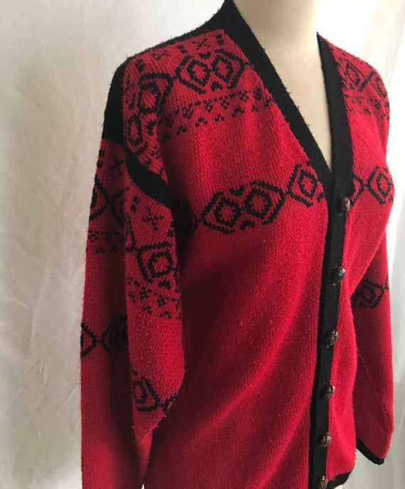 1960s Nordic Style Red and Black Machine Knit Ski Car… - Gem
