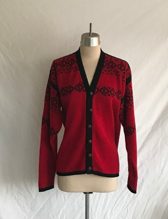 1960s Nordic Style Red and Black Machine Knit Ski Car… - Gem