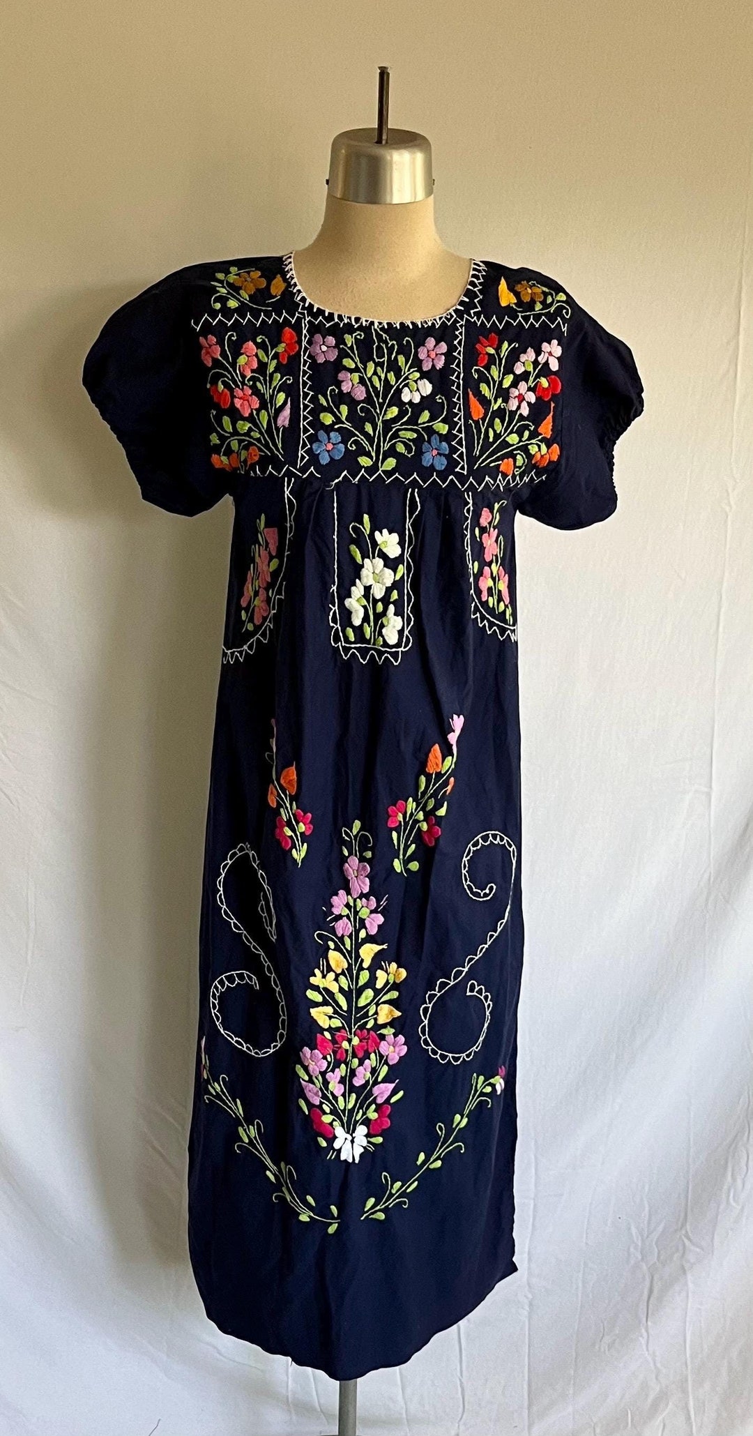 1990s MEXICAN Hand Embroidered Cotton Puebla Dress - Size S - Boho ...