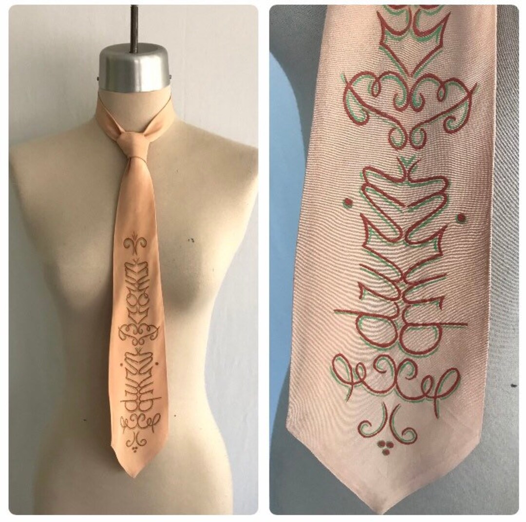 1940s Peach Rayon Hand Painted Tie Name Tie Mirrored Name Tie Novelty ...
