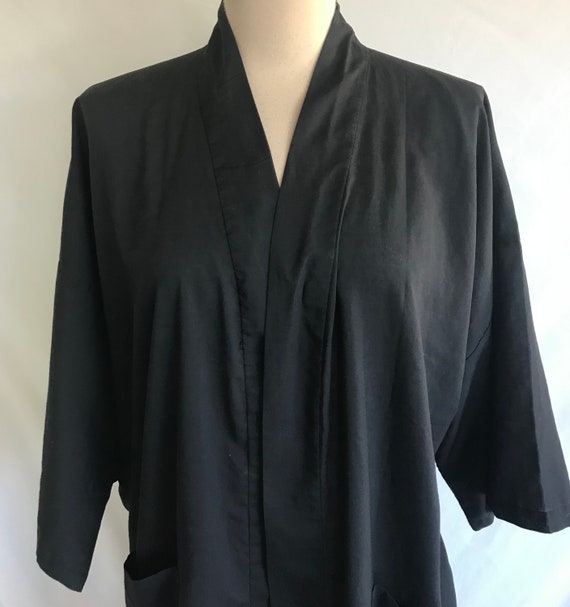 1960s Black Cotton Hand Embroidered Kimono Style Robe… - Gem