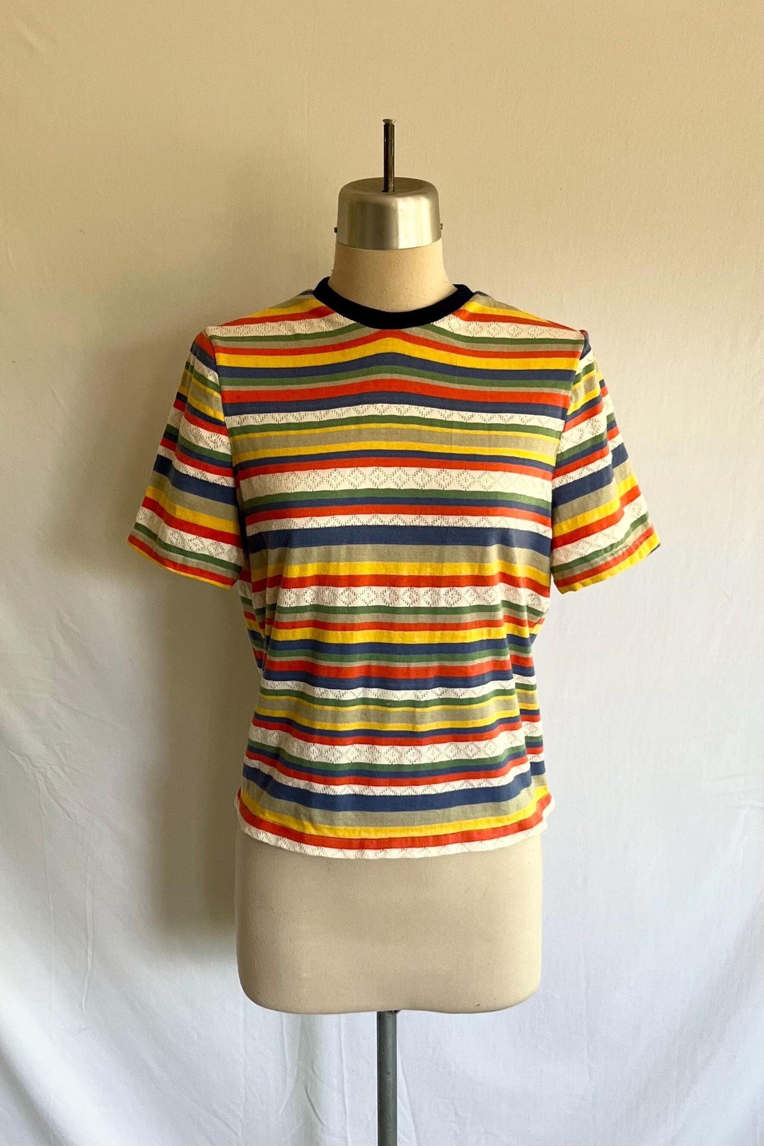 Vintage Inspired MOD Striped Cotton Classic Tee Multi Colored Stripe ...