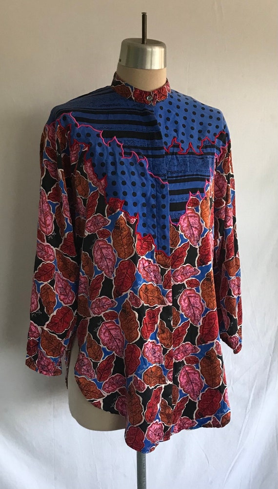 1990s DIANE FREIS Silk Pieced Blouse - Mandarin Colla… - Gem