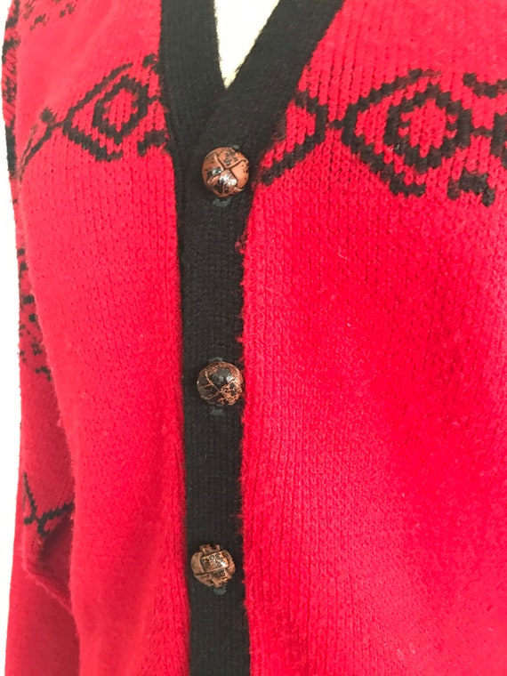 1960s Nordic Style Red and Black Machine Knit Ski Car… - Gem