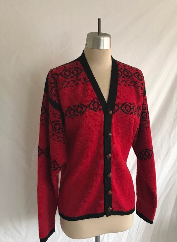 1960s Nordic Style Red and Black Machine Knit Ski Car… - Gem