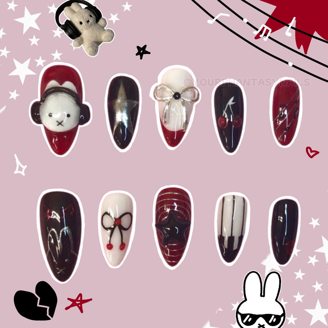 Miffy Rockstar Handmade 3D Press on Nails Red Black White Edgy Rock Emo ...