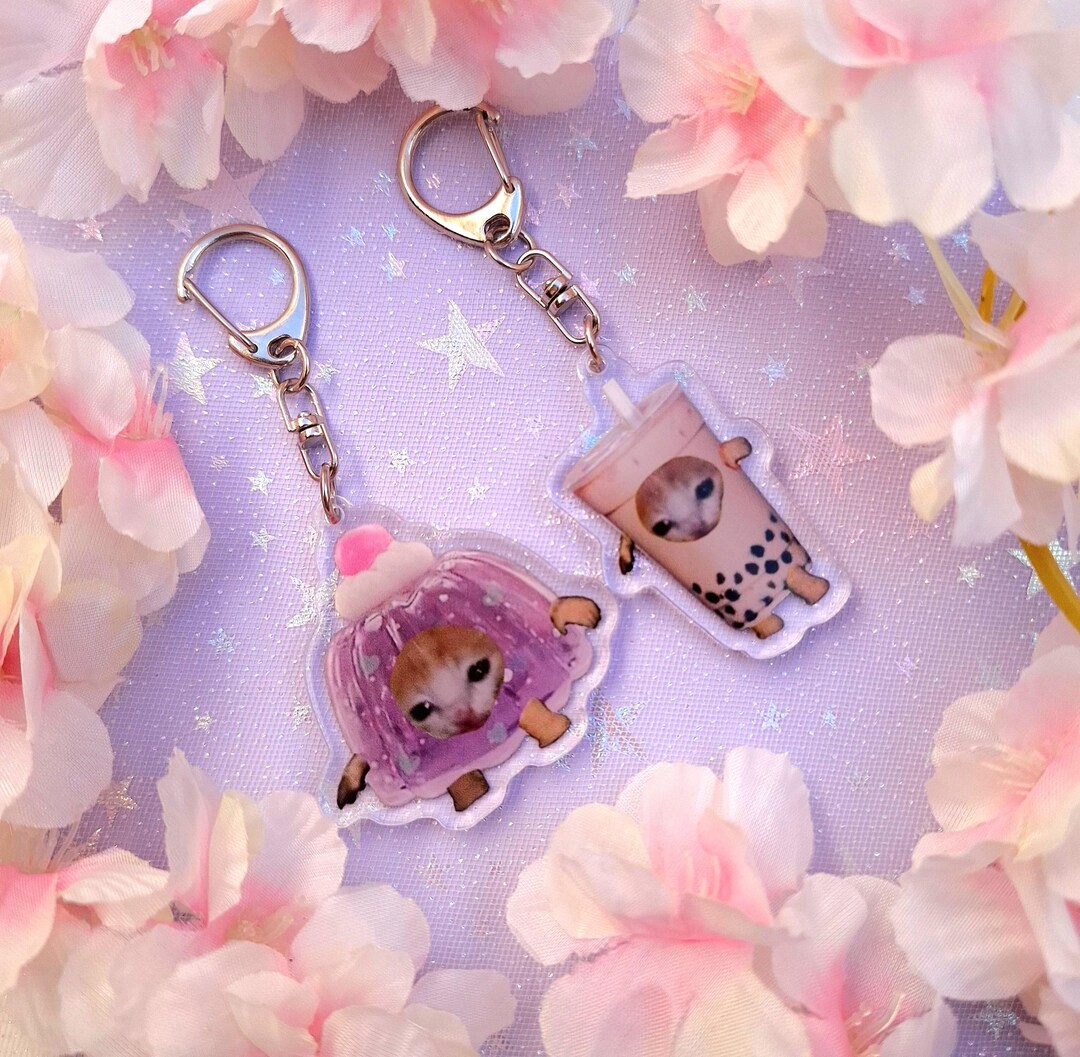 Happy Cat Meme Keychain Bubble Tea & Jelly | Banana Cat Meme | Y2K ...