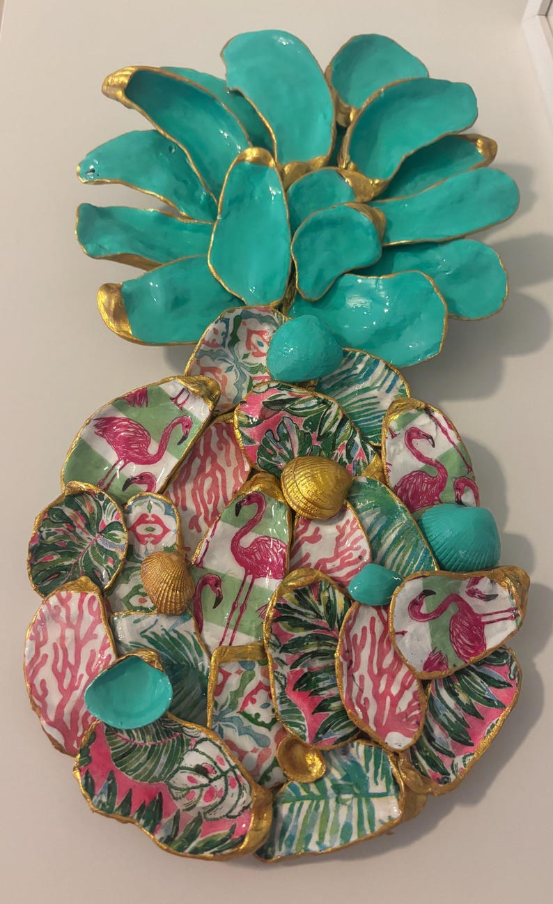 Coastal Shell Pineapple Decor 13” | Turquoise & Pink Flamingo Seashell ...