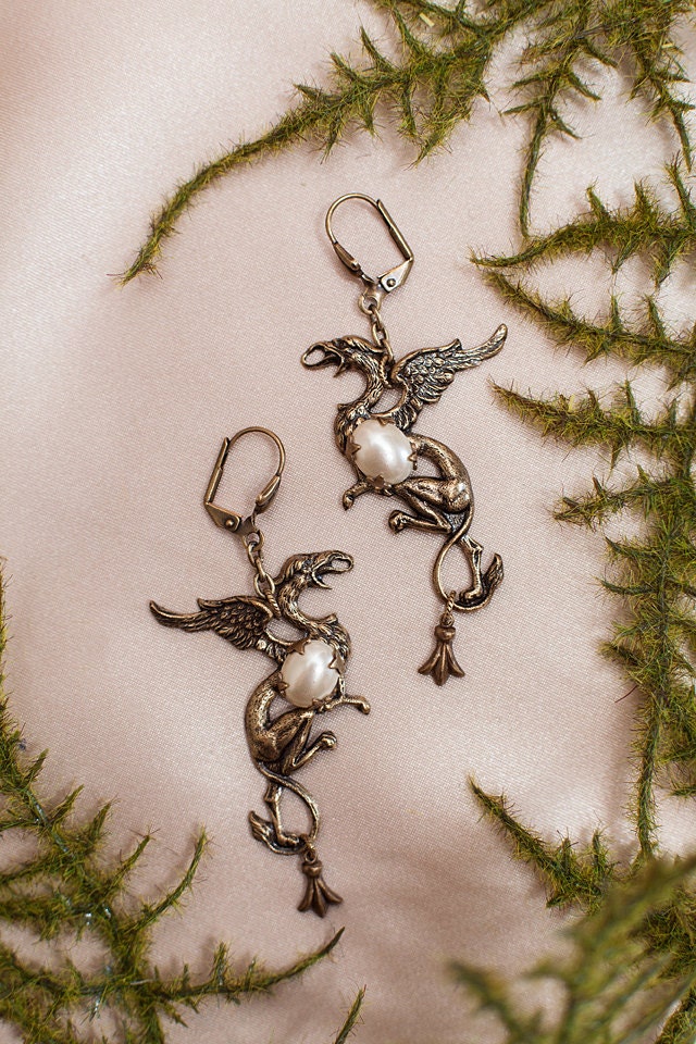 Gryffon Earrings, Griffin With Pearl, Griffon, Medieval, Renaissance ...