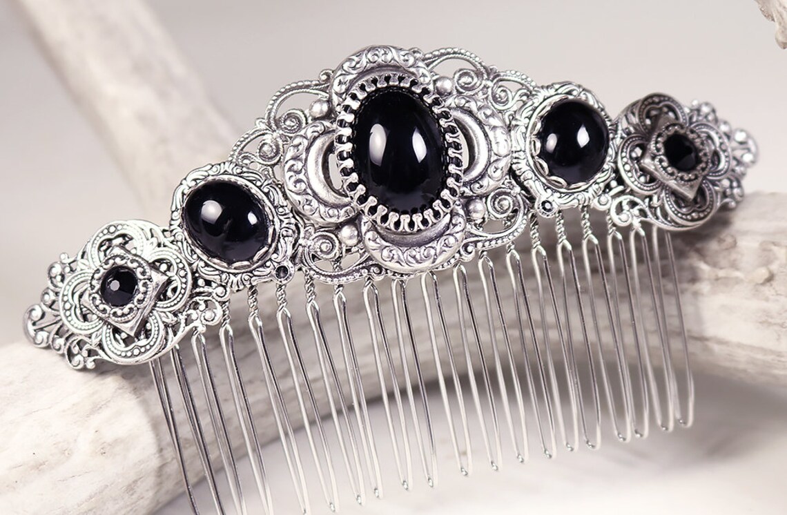 Gothic Bridal Comb Dark Victorian Black Stone Hair | Etsy