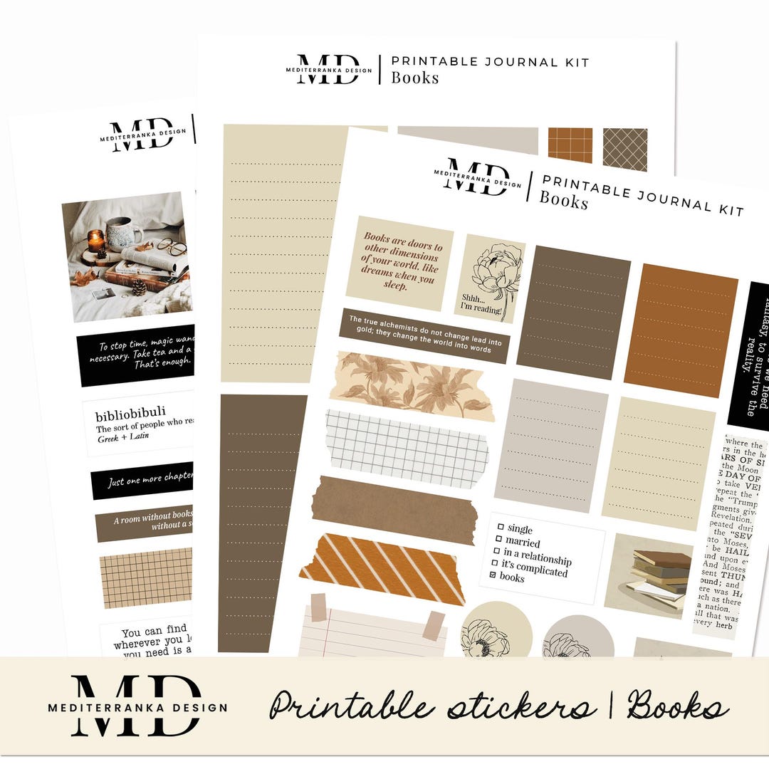 Printable Book Journal Stickers | Digital Collage Kit (PDF, PNG) - Etsy