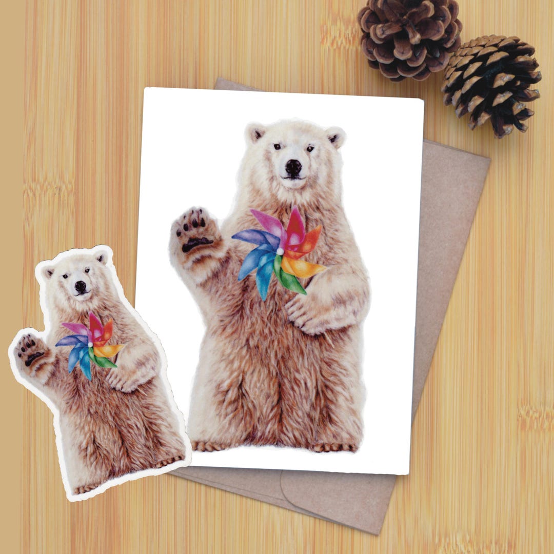 Polar Bear With Rainbow Pinwheel and Matching Vinyl Sticker - Etsy