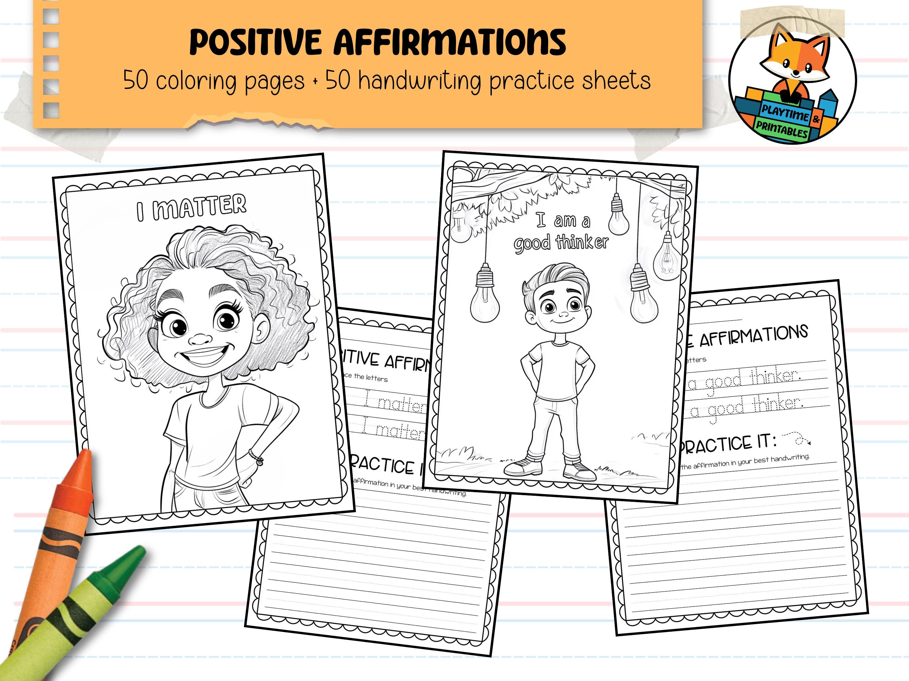 Positive Affirmations Coloring Pages and Handwriting Practice for Kids ...