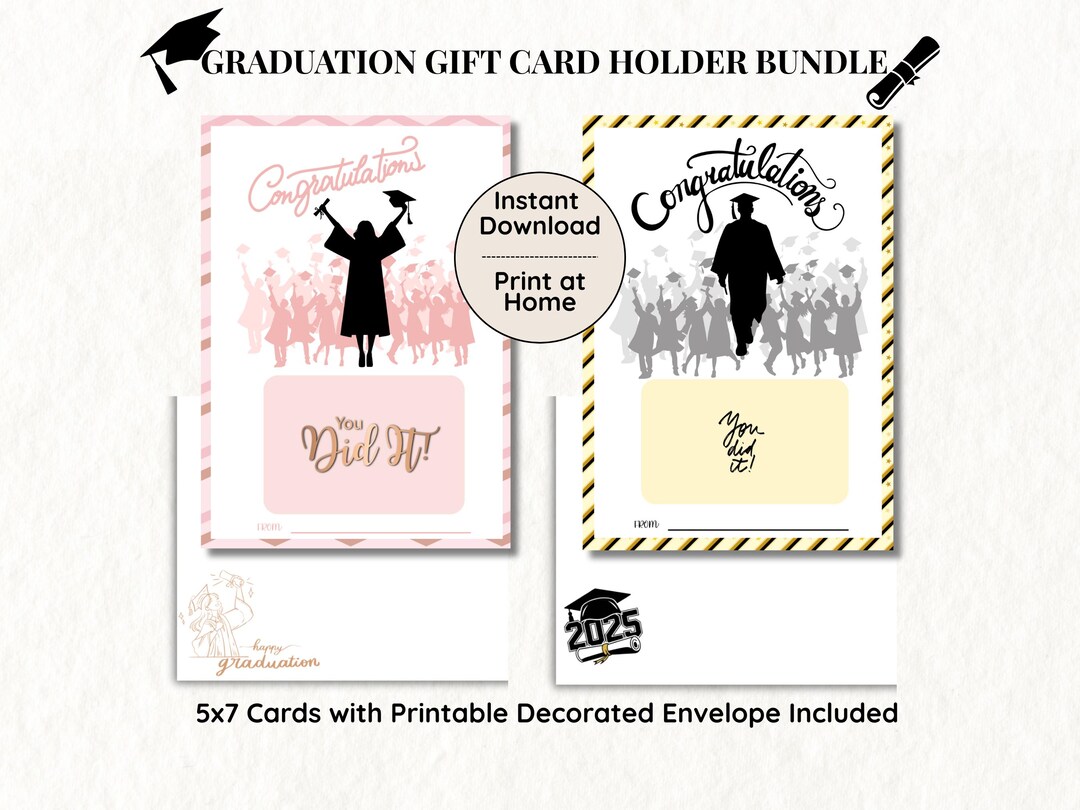 Printable Graduation Gift Card Holder, 5x7 Card, Black Gold, Boho Pink ...