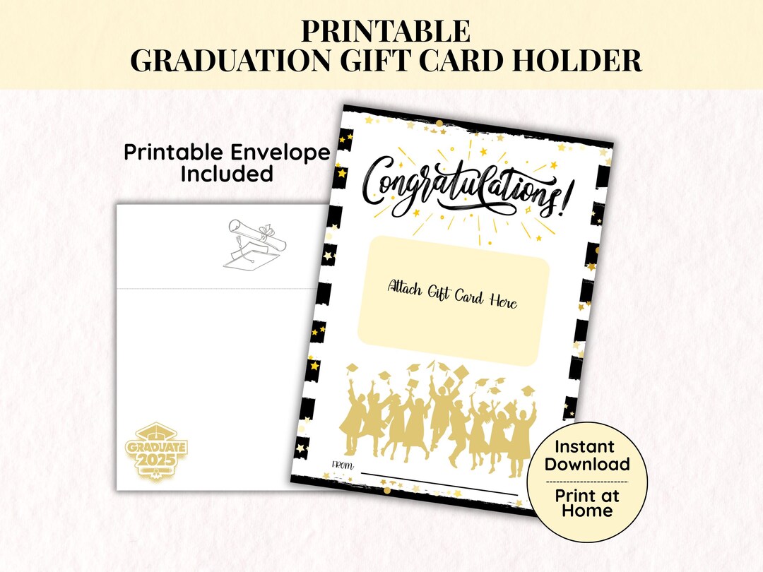 Printable Graduation Gift Card Holder, Matching Envelope, Black & Gold ...