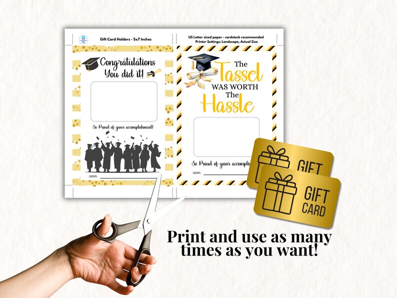 Printable Graduation Gift Card Holder Bundle, 4 Black & Gold 5x7 Cards ...