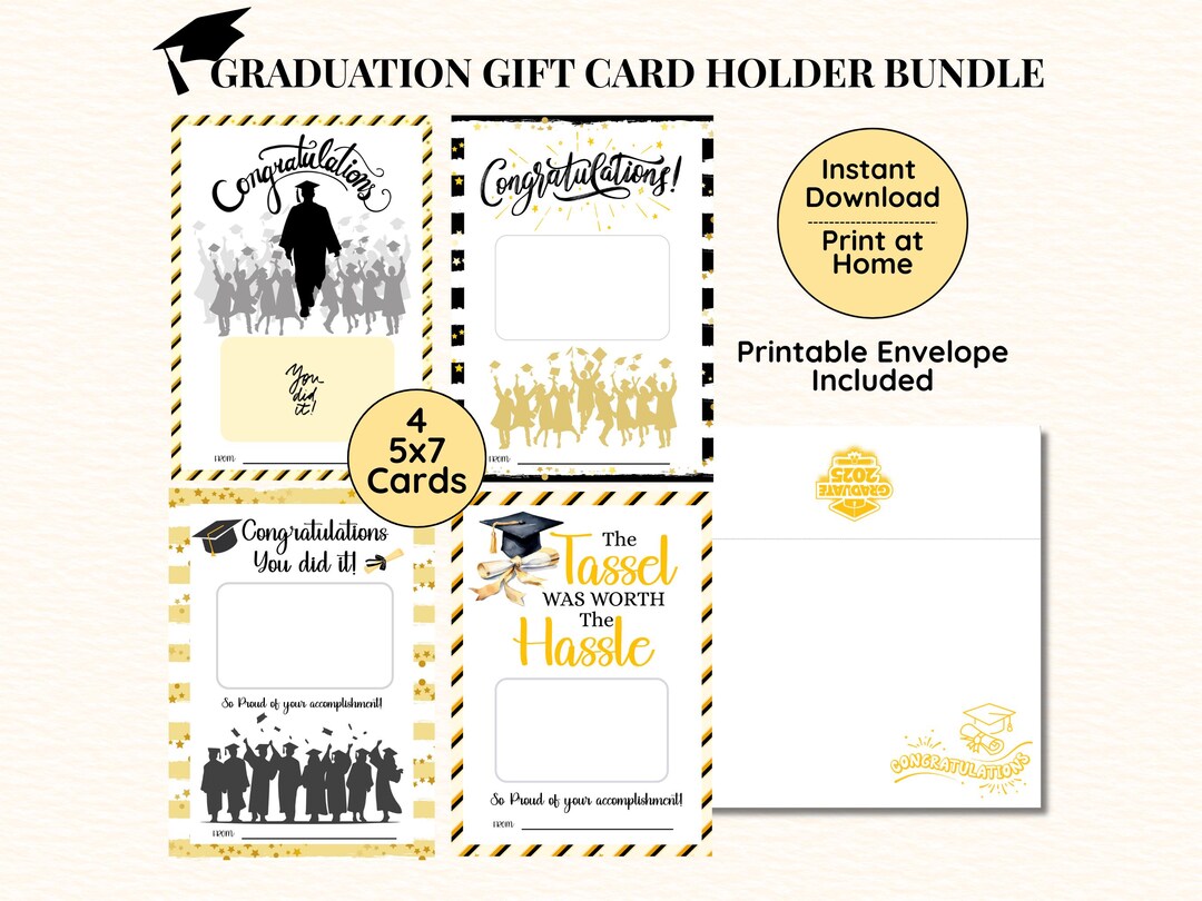 Printable Graduation Gift Card Holder Bundle, 4 Black & Gold 5x7 Cards ...
