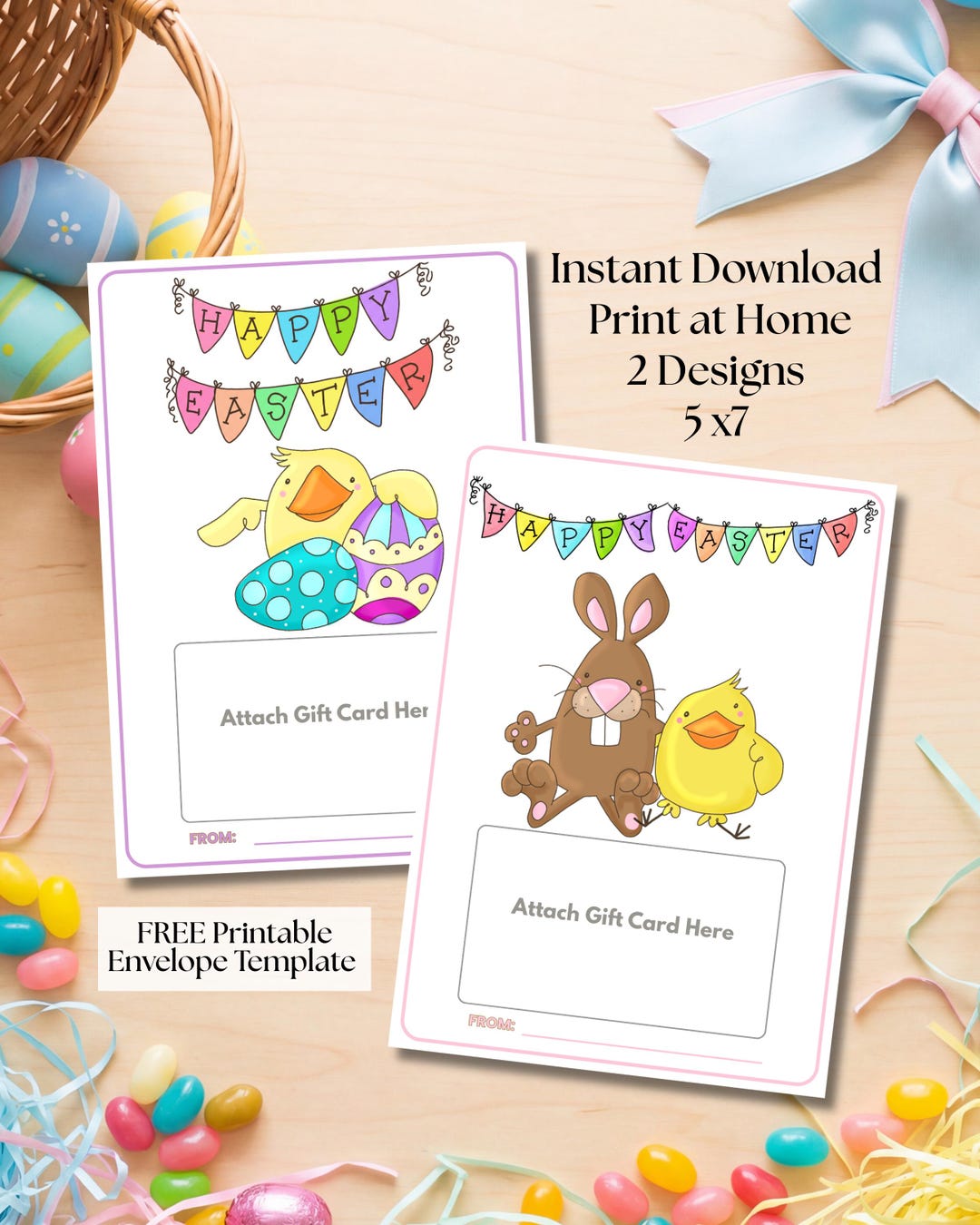 Printable Easter Gift Card Holders, 5x7, Colorful Bunny and Chick ...